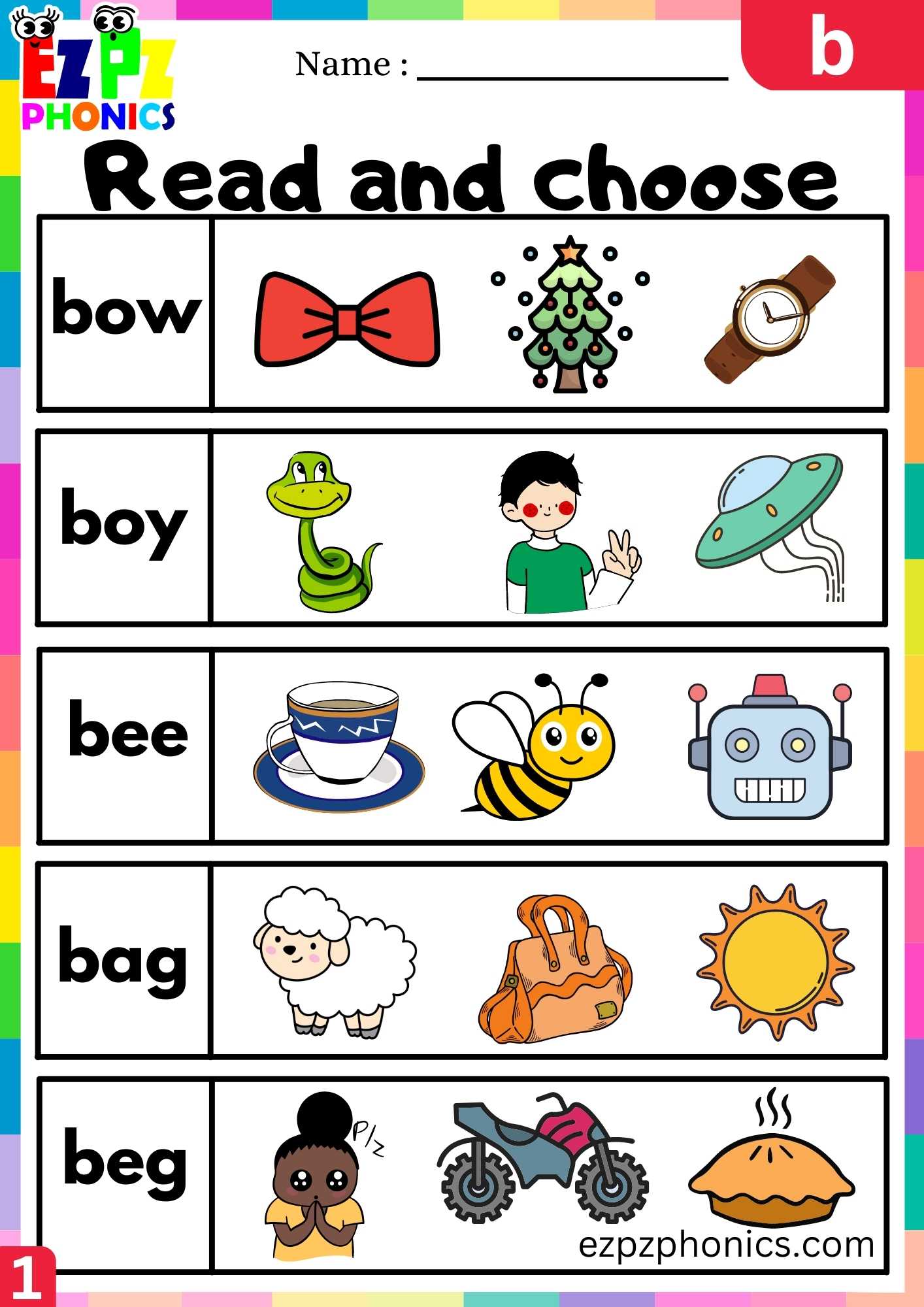 Letter b Read and Choose Beginning Sounds Worksheet - ezpzphonics.com